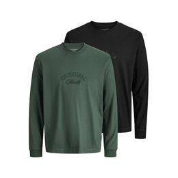 Jack & Jones Langarmshirt JACK & JONES JUNIOR "JORBLEECKER BRANDING TEE LS 2PK MP JNR", Jungen, Gr. 128, schwarz pack:jj with forest river_jj, Single Jersey, Obermaterial: 100% Baumwolle, bedruckt, loose fit, Rundhals, B&uuml;ndchen, Shirts Langarmshirt