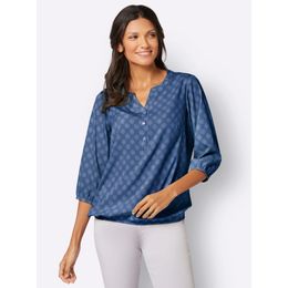 Schlupfbluse Classic Basics, Damen, Gr. 50, blau (jeansblau, ecru, bedruckt), 100% Polyester, gemustert, Rundhals, Blusen Schlupfbluse