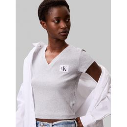 T-Shirt Calvin Klein Jeans "A- SS WOVEN LABEL RIB VNECK TEE", Damen, Gr. XL (44), grau (bc06 grau heather), Rippware, Obermaterial: 95% Baumwolle, 5% Elasthan, meliert, figurbetont taillenbedeckt, V-Ausschnitt, Shirts T-Shirt, mit gewebtem Label