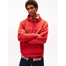 Hoodie Tommy Jeans "TJM REGULAR LINEAR LOGO HOODIE EXT", Herren, Gr. M, rot (terracotta rot), Sweatware, Obermaterial: 80% Baumwolle, 20% Polyester, regular fit h&uuml;ftlang, Rundhals, eingesetzt B&uuml;ndchen, Sweatshirts Hoodie, mit Logo-Stickerei