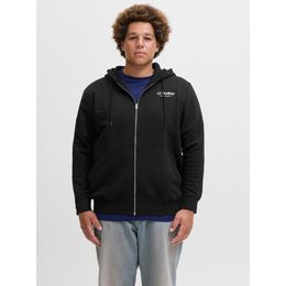 Jack & Jones PlusSize Kapuzensweatshirt "JJESOHO SWEAT ZIP HOOD NOOS PLS", Herren, Gr. 4XL, schwarz, angeraute Sweatware, Obermaterial: 80% Baumwolle, 20% Polyester, JACK & JONES PLUSSIZE, bedruckt, regular fit, Rippb&uuml;ndchen, Sweatshirts