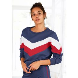 H.I.S. Sweatshirt H.I.S, Damen, Gr. 32/34, wei&szlig; (marine, rot, wei&szlig;), angeraute Sweatware, Obermaterial: 100% Baumwolle, mehrfarbig, unifarben mit Farbeinsatz, Basic, bequem h&uuml;ftlang, Rundhals, Rippb&uuml;ndchen, Sweatshirts Sweatshirt, im Coloblock-Design, Loungewear