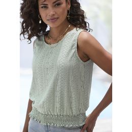 Tanktop Vivance, Damen, Gr. 32/34, salbeigr&uuml;n, Jersey, Obermaterial: 99% Polyester, 1% Elasthan, unifarben, figurumspielend taillenbedeckt, Rundhals, Tops Tanktop, mit Lochstickerei, Top