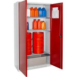 Sch&auml;fer Shop Sch&auml;fer Shop Select Gefahrstoffschrank, f&uuml;r &Ouml;l etc., 2 x 60 l F&auml;sser und 8 x 20 l Kanister, Au&szlig;enma&szlig;e B 1055 x T 520 x H 1950 mm, lichtgrau/rubinrot
