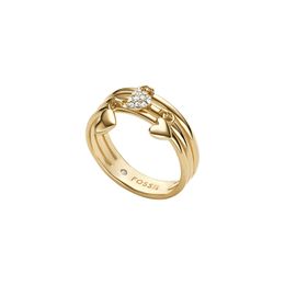 Fingerring Fossil "Schmuck Geschenk Metall SUTTON Herzen" Gr. 18, gold (gelbgoldfarben, kristallwei&szlig;), Fingerringe, Damen, 18, Metall, 4mm, Fingerring, mit Glasstein