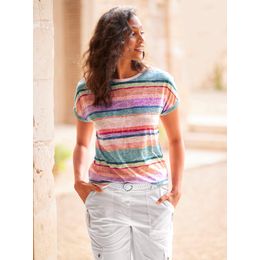 Kurzarmshirt Heine "Shirt", Damen, Gr. 34, bunt (flamingo, jade, geringelt), 65% Polyester, 35% Viskose, gemustert, gestreift, Rundhals, Shirts