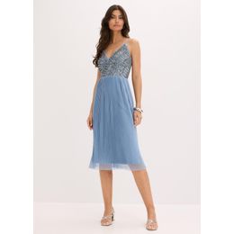 bonprix Midikleid mit Plissee-Rock und Paillettenstickerei, blau, Gr.40, Moder und feminin: Abendkleid mit Faltenrock und gemusterter Paillettenstickerei im Oberteil