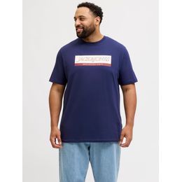 Jack & Jones PlusSize T-Shirt "JORINWOOD BLOCK BRANDING TEE SS CN PLS", Jungen, Gr. 3XL, blau (ocean cavern), Jersey, Obermaterial: 100% Baumwolle, JACK & JONES PLUSSIZE, bedruckt, regular fit normal, Rundhals, Shirts T-Shirt