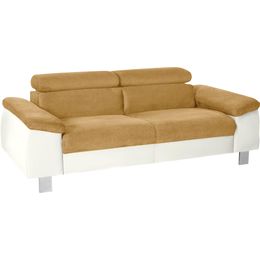 3-Sitzer COTTA "Komaris, B: 193 cm", beige (creme, mustard), B:193cm T:104cm, Microfaser PRIMABELLE (100% Polyester);Kunstleder SOFTLUX;Feinstruktur (100% Polyester);Kunstleder SOFTLUX/Struktur (100% Polyester);NaturLEDER, Sofas, mit Kopfteilverstellung
