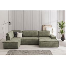 Wohnlandschaft OTTO HOME "SHERWOOD U-Form, 329 cm - OTTO. Verl&auml;ssliche Qualit&auml;t.", gr&uuml;n (olivgr&uuml;n), B:329cm H:85cm T:195cm, 100% Polyester, Sofas, Wohnlandschaft, Schlaffunktion m. Bettkasten (194x139 cm), Cord, Vintage, Samtvelours