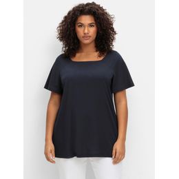 Kurzarmshirt sheego "T-Shirt", Damen, Gr. 48/50, blau (tiefblau), 50% Baumwolle, 50% Modal, unifarben, eckiger Ausschnitt, Shirts