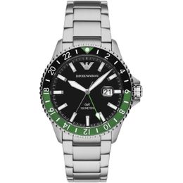 Quarzuhr Emporio Armani, silber (silberfarben, schwarz), Armbanduhren, Herren, Quarzuhr, Armbanduhr, Herrenuhr, Datum, GMT, bis 10 bar wasserdicht, Edelstahl