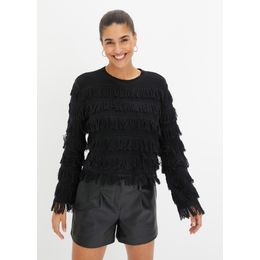 Strickpullover bonprix, Damen, Gr. 48/50 (XL), schwarz, Strick, Obermaterial: 50% Baumwolle, 50% Polyacryl, unifarben, l&auml;ssig geschnitten taillenbedeckt, Rundhals, leicht ausgefranste Kante, Pullover Strickpullover, im tollen Fransen-Look mit hohem Baumwollanteil, l&auml;ssige Passform