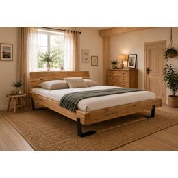 Massivholzbett Home Affaire "Ultima Balkenbett Doppelbett, F&uuml;&szlig;e Metallkufe mit Holzelement", braun (eiche), B:178cm H:88cm L:228cm, Betten, Massivholzbett, FSC-zertifizierte Wildeiche oder Fichte, viele Breiten zur Auswahl