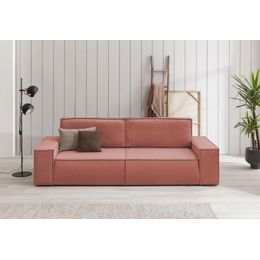 3-Sitzer OTTO HOME "SHERWOOD Schlafsofa (257cm) Cord, Samtvelours, Vintage-Lederoptik", rot (coral), B:257cm H:85cm T:106cm, 100% Polyester, Sofas, Schlaffunktion mit Bettkasten (ca. 136/200cm)