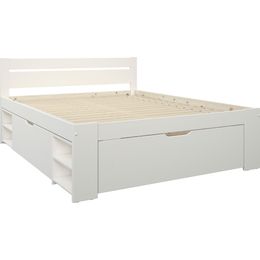 Massivholzbett OTTO HOME "HANNES " mit Schubladen und Regalen, Nachtschrank ausziehbar, stabil", wei&szlig;, B:186cm L:205cm, Betten, Massivholzbett, FSC-zertifiziertes Kiefernholz, ideal f&uuml;r kleine R&auml;ume
