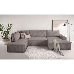 Wohnlandschaft OTTO HOME "SHERWOOD U-Form, 329 cm - OTTO. Verl&auml;ssliche Qualit&auml;t.", grau (taupe), B:329cm H:85cm T:195cm, 100% Polyester, Sofas, Wohnlandschaft, Schlaffunktion m. Bettkasten (194x139 cm), Cord, Vintage, Samtvelours