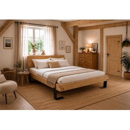Massivholzbett Home Affaire "Ultima Balkenbett Doppelbett, F&uuml;&szlig;e Metallkufe mit Holzelement", braun (fichte), B:178cm H:88cm L:228cm, Betten, Massivholzbett, FSC-zertifizierte Wildeiche oder Fichte, viele Breiten zur Auswahl
