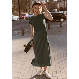 Midikleid STREET ONE STUDIO, Damen, Gr. 46, EURO-Gr&ouml;&szlig;en, oil gr&uuml;n, Web, Obermaterial Oberteil: 95% Baumwolle, 5% Elasthan. Obermaterial Rock: 44% Baumwolle, 44% Modal, 12% Polyester, unifarben, normal wadenlang, Rundhals, abgesteppt, Kleider Midikleid, mit Rundhalsausschnitt