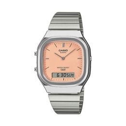 Chronograph CASIO VINTAGE, edelstahlfarben, orange, Armbanduhren, Herren, Chronograph, Quarzuhr, Armbanduhr, Damenuhr, Herrenuhr, Edelstahlarmband, analog