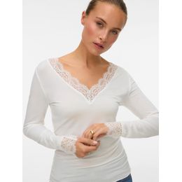 V&eacute;ro Moda Langarmshirt VERO MODA "VMSKYE LS V-NECK LACE TOP JRS NOOS", Damen, Gr. XL, wei&szlig; (snow wei&szlig;), Jersey, Obermaterial: 86% Modal, 8% Wolle, 6% Elasthan, unifarben, h&uuml;ftlang, V-Ausschnitt, Shirts Langarmshirt, Materialmix, slim fit