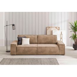 3-Sitzer OTTO HOME "SHERWOOD Schlafsofa (257cm) Cord, Samtvelours, Vintage-Lederoptik", beige, B:257cm H:85cm T:106cm, 100% Polyester, Sofas, Schlaffunktion mit Bettkasten (ca. 136/200cm)