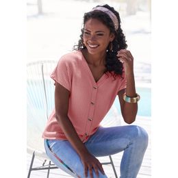 Kurzarmshirt Lascana "mit Zierknopfleiste", Damen, Gr. 36/38, lila (beere), Piqu&eacute;, Obermaterial: 69% Polyester (REPREVE), 28% Viskose, 3% Elasthan, unifarben, bequem normal, V-Ausschnitt, Shirts, Sommershirt aus luftiger Piqu&eacute;-Qualit&auml;t, Topseller