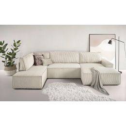 Wohnlandschaft OTTO HOME "SHERWOOD U-Form, 329 cm - OTTO. Verl&auml;ssliche Qualit&auml;t.", beige (hellbeige), B:329cm H:85cm T:195cm, 100% Polyester, Sofas, Wohnlandschaft, Schlaffunktion m. Bettkasten (194x139 cm), Cord, Vintage, Samtvelours