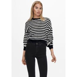 Rundhalspullover Only "ONLPIUMO L/S PULLOVER KNT", Damen, Gr. M, schwarz (schwarz with egret stripes), Strick, Obermaterial: 70% Nylon, 30% Polyamid, geringelt, gestreift, kurz, Rundhals, weit Rippstrickb&uuml;ndchen, Pullover Rundhalspullover