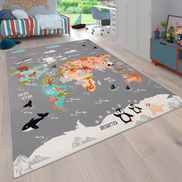 Kinderteppich Paco Home "Bino 581", grau, B:200cm H:4mm L:290cm, Polyester, Teppiche, Kinderteppich, Spielteppich, Motiv Weltkarte & Tiere, Kinderzimmer