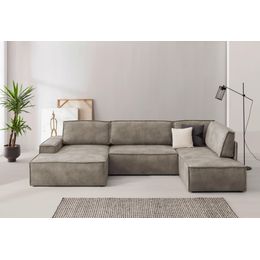 Wohnlandschaft OTTO HOME "SHERWOOD U-Form, 329 cm - OTTO. Verl&auml;ssliche Qualit&auml;t.", grau (mittelgrau), B:329cm H:85cm T:195cm, 100% Polyester, Sofas, Wohnlandschaft, Schlaffunktion m. Bettkasten (194x139 cm), Cord, Vintage, Samtvelours
