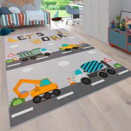 Kinderteppich Paco Home "Bino 578", grau, B:80cm H:4mm L:150cm, Polyester, Teppiche, Kinderteppich, Spielteppich, Motiv Autos & Baustelle, Kinderzimmer