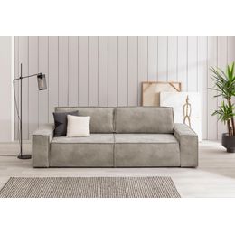 3-Sitzer OTTO HOME "SHERWOOD Schlafsofa (257cm) Cord, Samtvelours, Vintage-Lederoptik", grau (hellgrau), B:257cm H:85cm T:106cm, 100% Polyester, Sofas, Schlaffunktion mit Bettkasten (ca. 136/200cm)