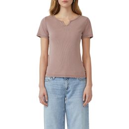 T-Shirt QS, Damen, Gr. XL, rot (rosenholz), Rippware, Obermaterial: 95% Baumwolle, 5% Elasthan, unifarben, figurbetont h&uuml;ftbedeckend, Rundhals, Shirts T-Shirt, in Ripp-Optik und mit Splitneck