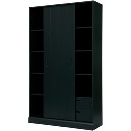 Mehrzweckschrank Woood "Move Massivholz Kiefernholz mit Schiebet&uuml;r geschliffen 200x120x42 cm", mattschwarz, B:120cm H:200cm T:42cm, Massivholz, Schr&auml;nke, Mehrzweckschrank, Einfach zu montieren, Tragkraft 15 kg pro Boden, sichtbare Maserung