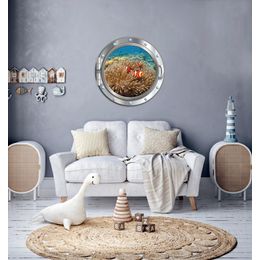 Wandsticker queence "3D Bullauge Illusion Unterwasserwelt Korallen 40x40 cm", bunt (silberfarben 2), &Oslash;:40cm, Vinyl, Wandtattoos, Selbstklebender Wanddurchbruch Unterwasser