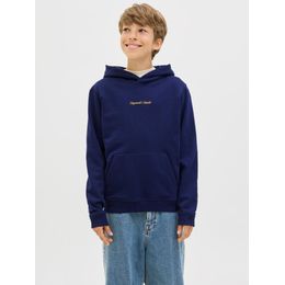 Jack & Jones Kapuzensweatshirt JACK & JONES JUNIOR "JORNORREBRO EMB SWEAT HOOD NOOS JNR", Jungen, Gr. 152, blau (ocean cavern), angeraute Sweatware, Obermaterial: 89% Baumwolle, 11% Polyester, unifarben, relaxed fit normal, ohne Ausschnitt, Rippb&uuml;ndchen, Sweatshirts