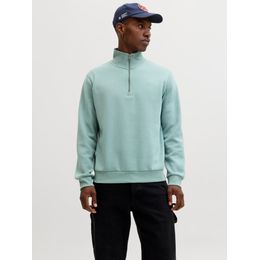 Jack & Jones Sweatshirt JACK & JONES "JJEBRADLEY SWEAT HALF ZIP NOOS", Herren, Gr. S, mineral blau, angeraute Sweatware, Obermaterial: 65% Polyester, 35% Baumwolle, unifarben, relaxed fit normal, ohne Ausschnitt, Rippb&uuml;ndchen, Sweatshirts Sweatshirt, Materialmix, relaxed fit