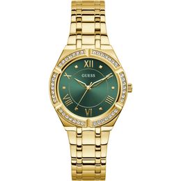 Quarzuhr Guess "COSMO", gold (goldfarben, dunkelgr&uuml;n), Armbanduhren, Damen, Quarzuhr, Armbanduhr, Damenuhr, analog, Kristallsteine, Edelstahlarmband