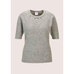 Madeleine Mode Longpullover MADELEINE "Strickpullover Eleganter Businesspullover mit Rundhals", Damen, Gr. 34, grau (steingrau, melange), Obermaterial: 46% Polyacryl PAN. 45% Polyester COOLMAX(R) PES(Coolmax). 6% Wolle mw. 3% Polyamid PA., Modern, Pullover Longpullover, Schmuckkn&ouml;pfe