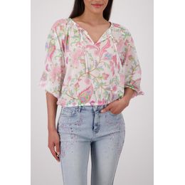 Langarmbluse monari "Bluse Blumendruck allover", Damen, Gr. 36, beige gem, Web, Obermaterial: 100% Baumwolle, gemustert, regular fit taillenlang, Rundhals, eingesetzt elastischer Bund, Blusen, Regular fit mit Blumenmuster