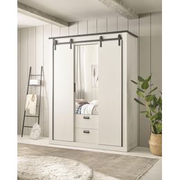 Kleiderschrank Home Affaire "SHERWOOD Schlafzimmerschrank mit Spiegel,2 Schubladen, W&auml;scheschrank", wei&szlig; (pinie wei&szlig; dekor), B:161cm H:209cm T:63cm, Schr&auml;nke, Kleiderschrank, Schiebet&uuml;ren mit Scheunentorbeschlag aus Metall, B/T/H 161/63/209cm
