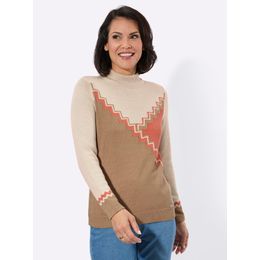 Strickpullover Casual Looks "Stehkragen-Pullover", Damen, Gr. 54, camel, papaya, gemustert, 50% Baumwolle, 50% Polyacryl, gemustert, mehrfarbig, Pullover Strickpullover