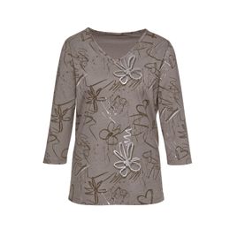 3/4-Arm-Shirt Classic Basics "Shirt", Damen, Gr. 40, grau (taupe), 100% Baumwolle, bedruckt, gemustert, V-Ausschnitt, Shirts 3/4-Arm-Shirt