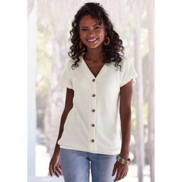 Kurzarmshirt Lascana "mit Zierknopfleiste", Damen, Gr. 32/34, beige (creme), Piqu&eacute;, Obermaterial: 69% Polyester (REPREVE), 28% Viskose, 3% Elasthan, unifarben, bequem normal, V-Ausschnitt, Shirts, Sommershirt aus luftiger Piqu&eacute;-Qualit&auml;t, Topseller