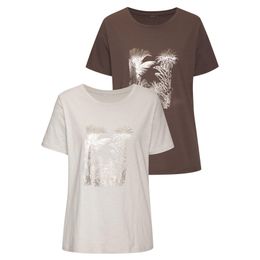 T-Shirt Vivance "mit goldfarben schimmerndem Folienprint", Damen, Gr. 32/34, beige (taupe, beige), Jersey, Obermaterial: 100% Baumwolle, bedruckt, metallic, bequem normal, Rundhals, Shirts T-Shirt, aus luftiger Baumwoll-Qualit&auml;t