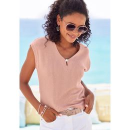 Kurzarmshirt Lascana "mit Zierperle", Damen, Gr. 32/34, rosa (rose), Piqu&eacute;, Obermaterial: 69% Polyester (REPREVE), 28% Viskose, 3% Elasthan, unifarben, bequem normal, Rundhals, angeschnitten normaler Saum, Shirts, Sommershirt aus luftiger Piqu&eacute;-Qualit&auml;t, Topseller