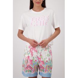 T-Shirt monari "Shirt Schrift", Damen, Gr. 34, wei&szlig; (ecru), Web, Obermaterial: 50% Baumwolle, 50% Modal, unifarben, regular fit taillenbedeckt, Rundhals, eingesetzt abgesteppte Kante, Shirts T-Shirt, Regular fit mit Schriftzug