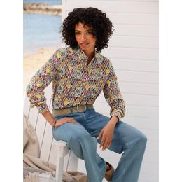 Langarmbluse Heine, Damen, Gr. 34, petrol, ocker, bedruckt, 50% Baumwolle, 50% Polyester, bedruckt, gemustert, mehrfarbig, V-Ausschnitt, Blusen