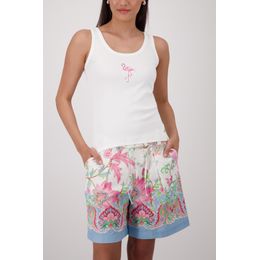 Tanktop monari "Top Flamingo", Damen, Gr. 34, ecru, Web, Obermaterial: 95% Baumwolle, 5% Elasthan, unifarben, regular fit taillenbedeckt, Rundhals, Tops Tanktop, Regular fit mit Flamingo-Print